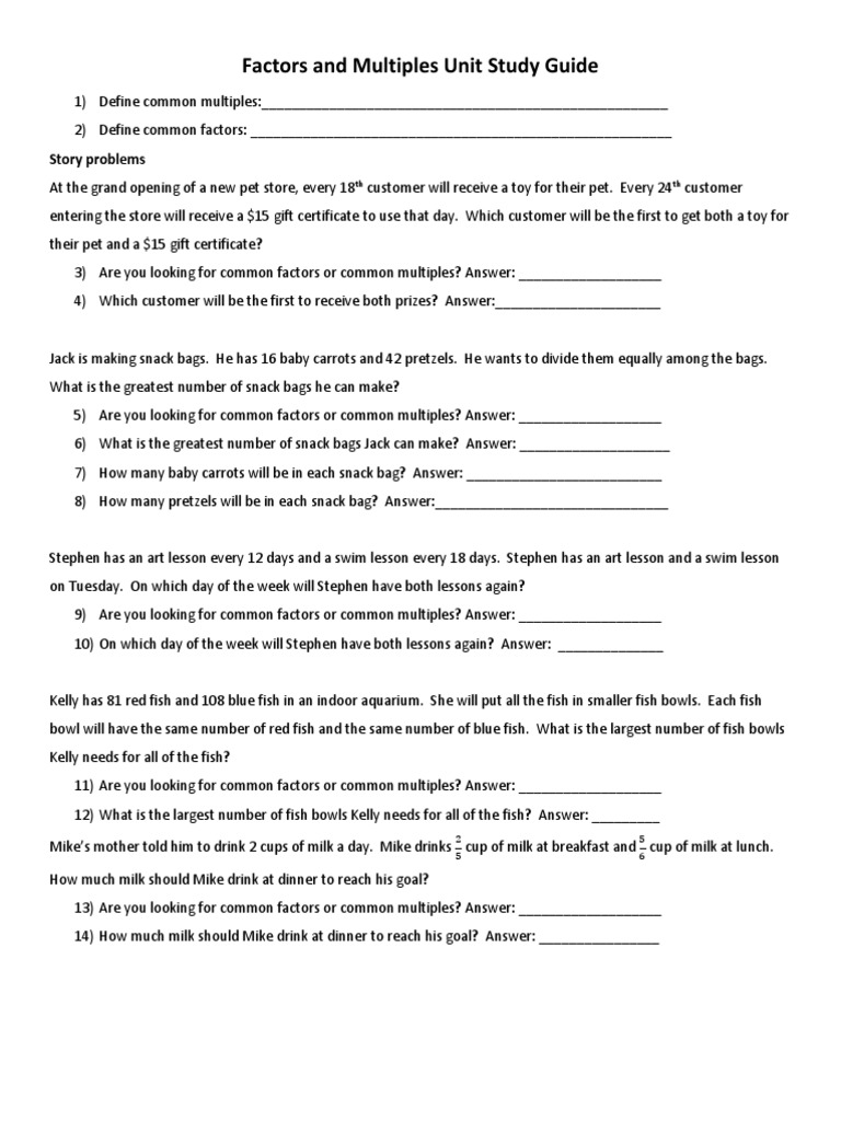 Factors and Multiples Unit Study Guide | PDF | Numbers | Teaching ...