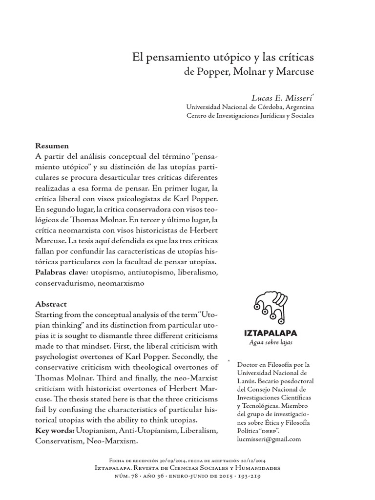 Lucas E. Misseri - El Pensamiento Utópico y Las Críticas de Popper ...