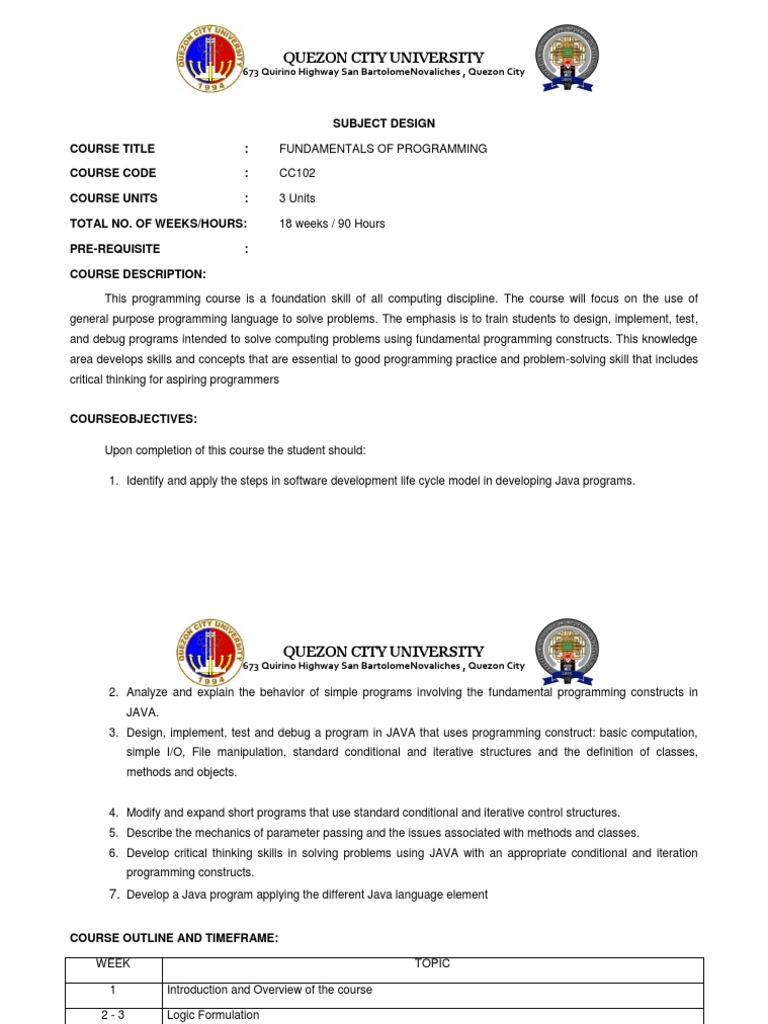 Cc102 - Syllabus - Fundamentals of Programming | PDF | Computer Programming | Computer Program