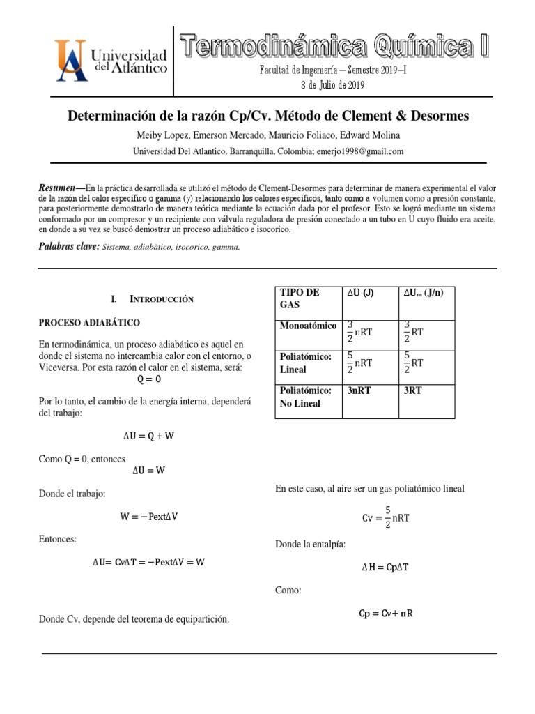 Análisis experimental del método de Clement y Desormes para determinar la razón Cp/Cv | PDF ...