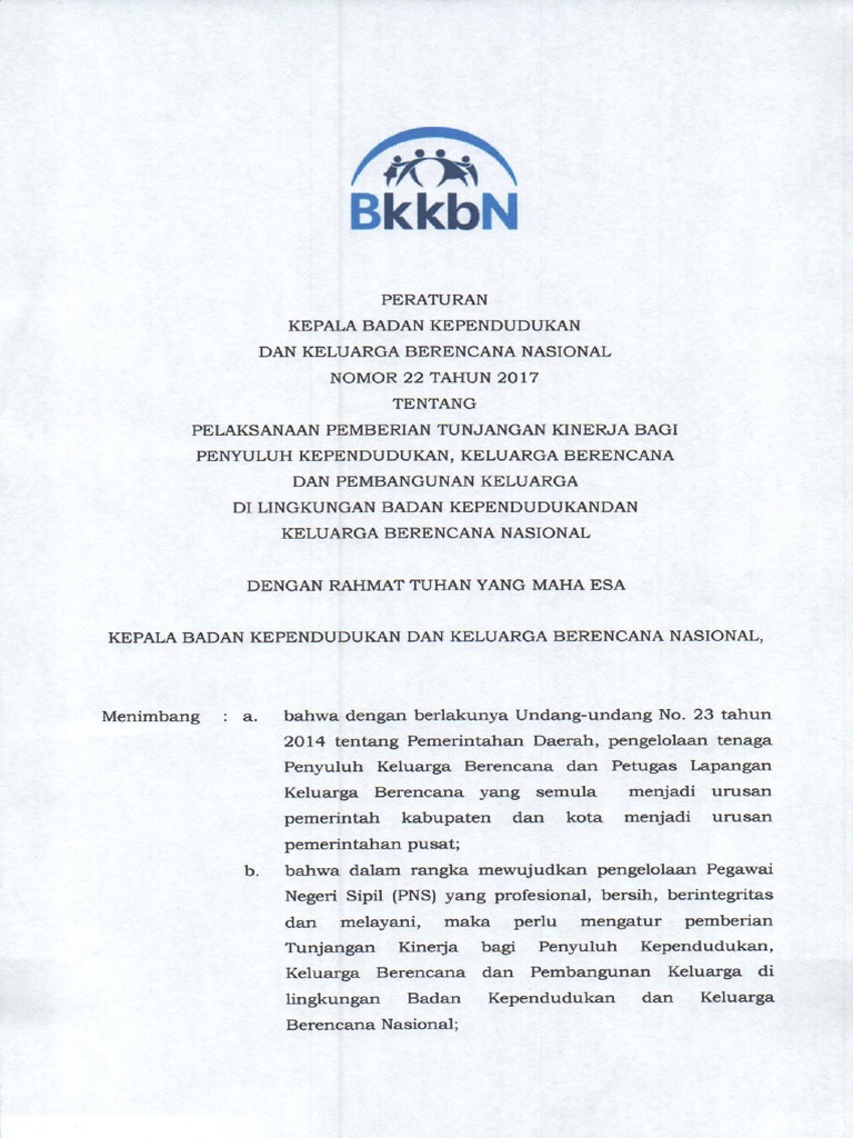 PERKA BKKBN No 22 Tahun 2017 Tentang TUNKIN PKB FINAL PDF | PDF
