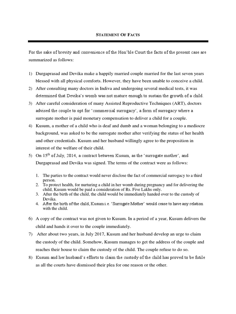 Statement of Facts | PDF | Surrogacy | Child Custody