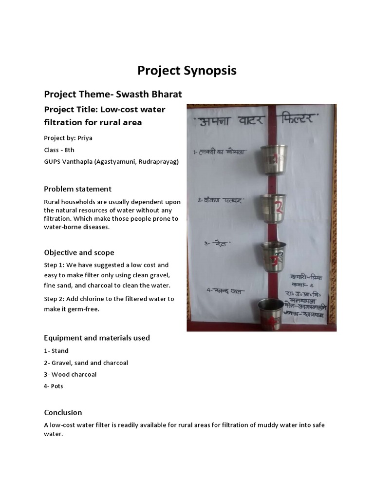 Project Synopsis Water Filter For Inspire Awards | PDF
