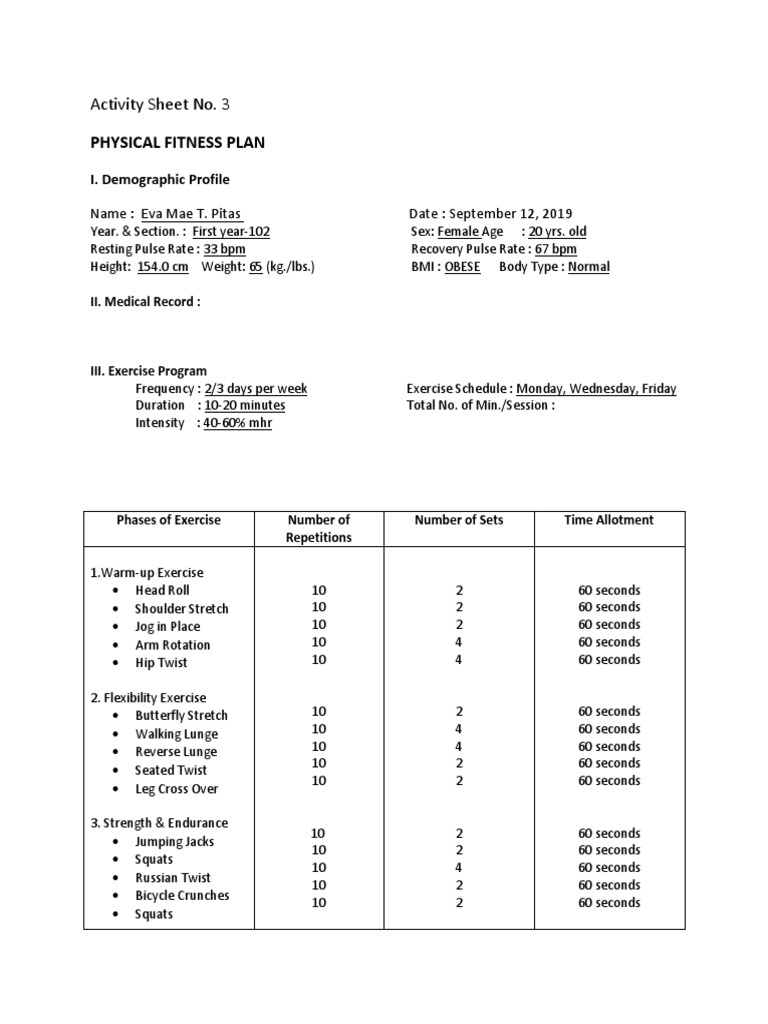 Physical Fitness Plan: Activity Sheet No. 3 | PDF | Body Shape | Human ...