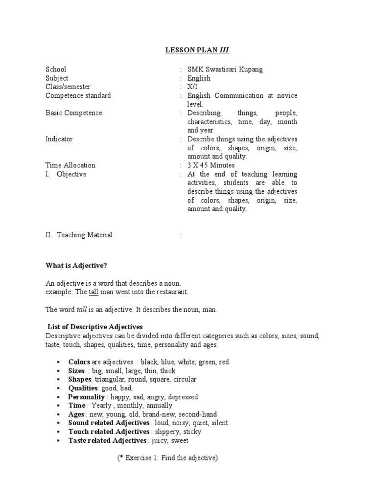 Lesson Plan - Adjective | PDF | Adjective | Syntax