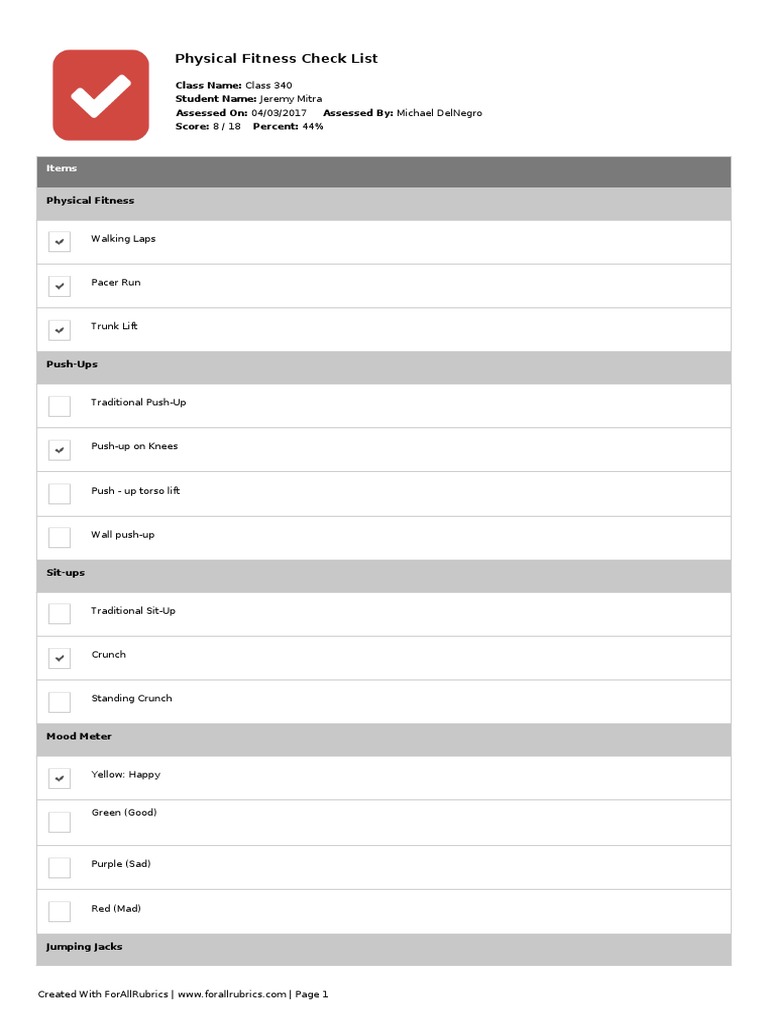 PF Checklist Student | PDF | Recreation | Sports