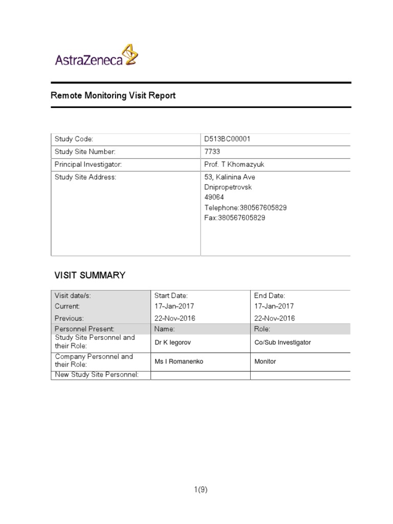 Remote Monitoring Visit Report: DR K Iegorov Co/Sub Investigator | PDF ...