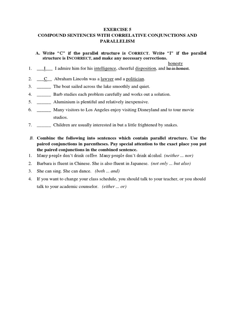 Grammar Exercise: Parallelism & Conjunctions | PDF