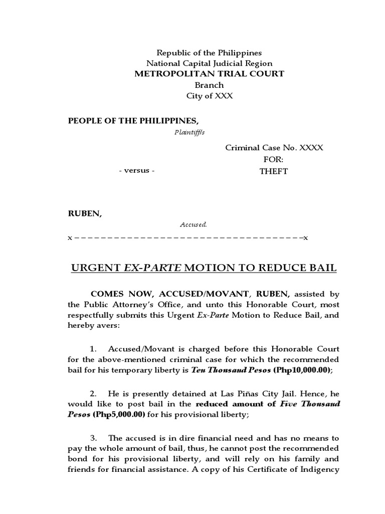 Urgent Ex-Parte Motion To Reduce Bail Ru | Download Free PDF | Bail | Criminal Justice
