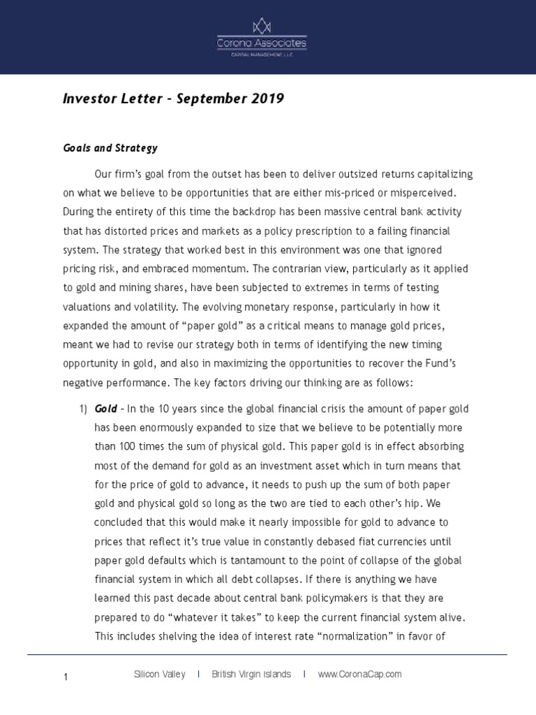 September 2019 Investor Letter Addendum-Corona Associates Capital ...