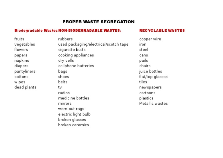 Proper Waste Segregation: Biodegradable Wastes Non-Biodegradable Wastes ...