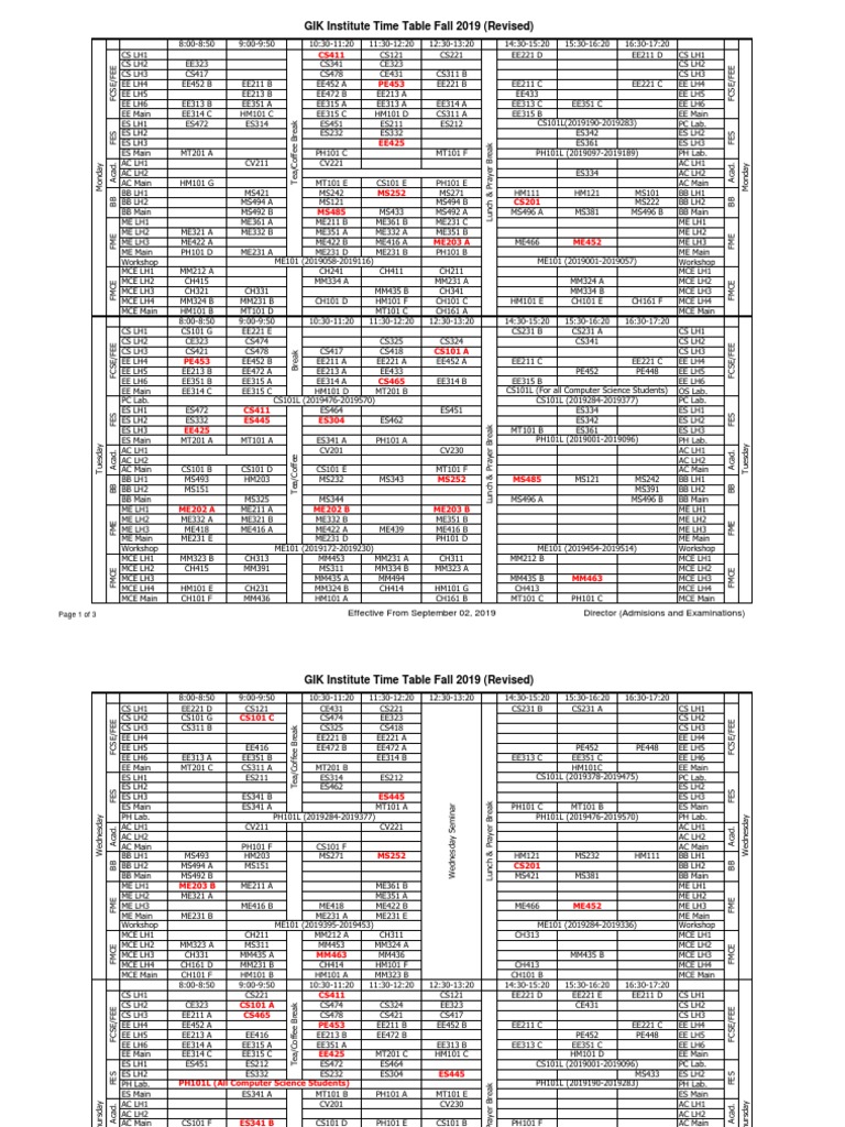 TimeTable Fall 2019 Effective From Sep 02 2019 | PDF | Social ...