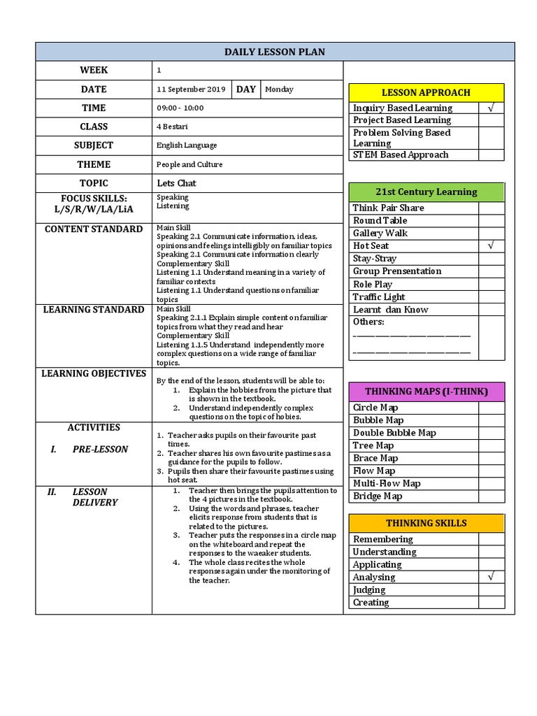 Daily Lesson Plan: Week Lesson Approach Date Time Class Subject Theme ...
