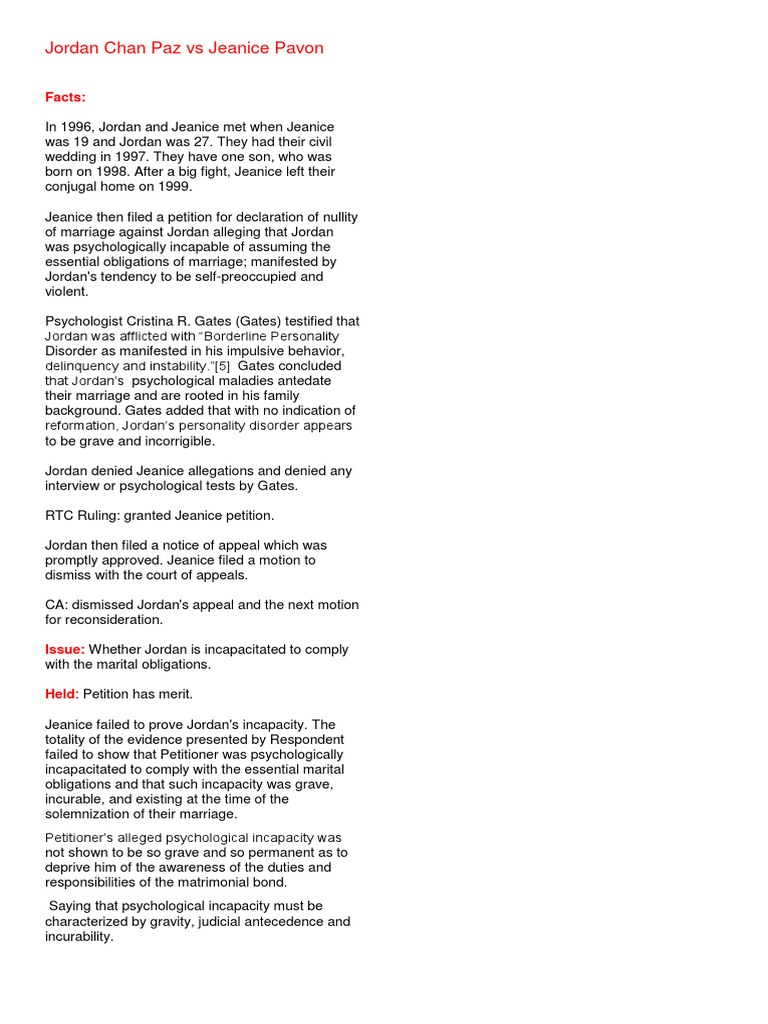 Jordan Chan Paz Vs Jeanice Pavon: Facts | PDF