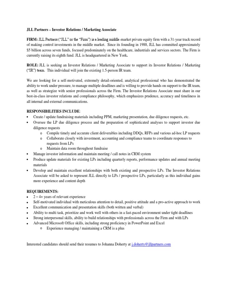 JLL Partners IR Marketing Associate - May 2019 | PDF | Investor | Marketing