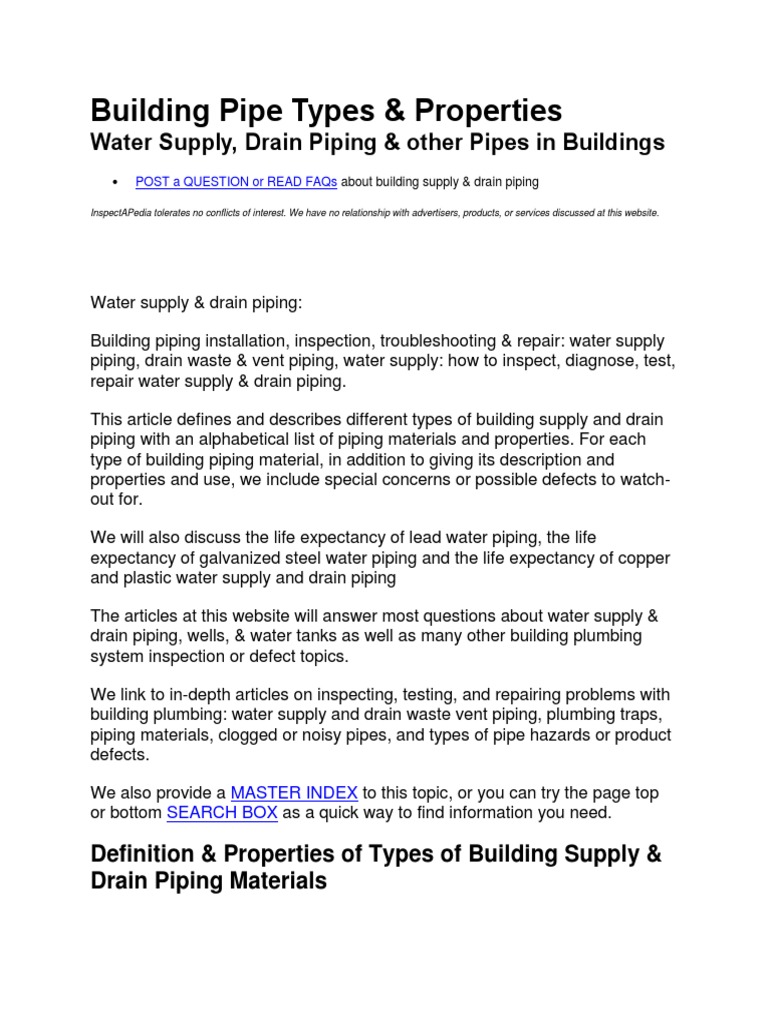 Building Pipe Types & Properties: Water Supply, Drain Piping & Other ...