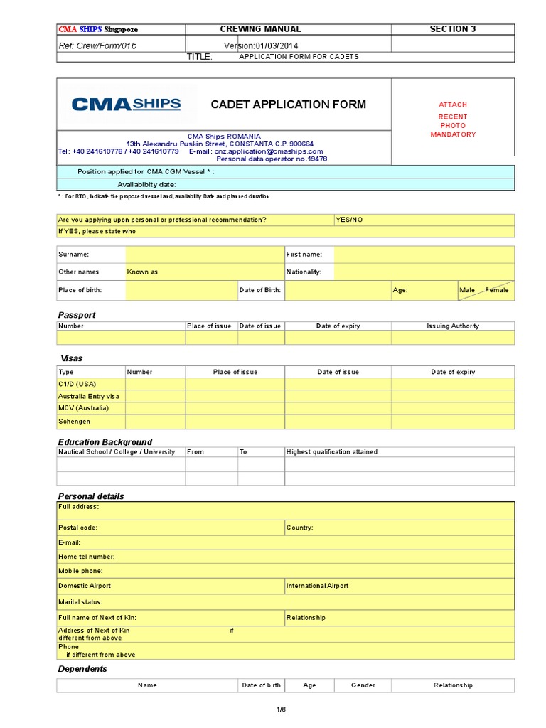 Cadet Application Form: Ref: Crew/Form/01b | PDF | Identity Document ...