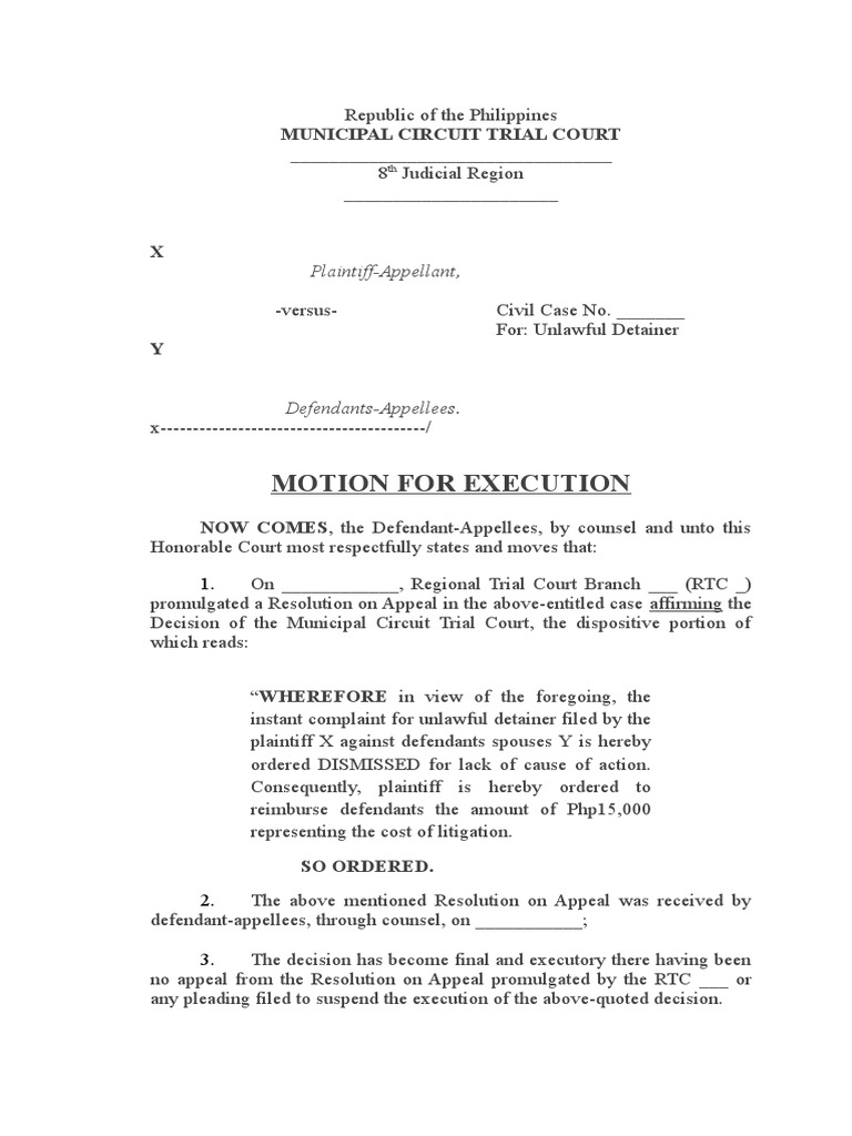 Motion For Execution Sample | PDF | Law | Finance & Money Management