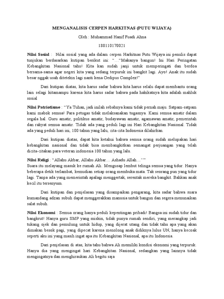 Muhammad Hanif Fuadi Ahna 180110170021 Menganalisis Cerpen Harkitnas Putu Wijaya Cerkan3 | PDF