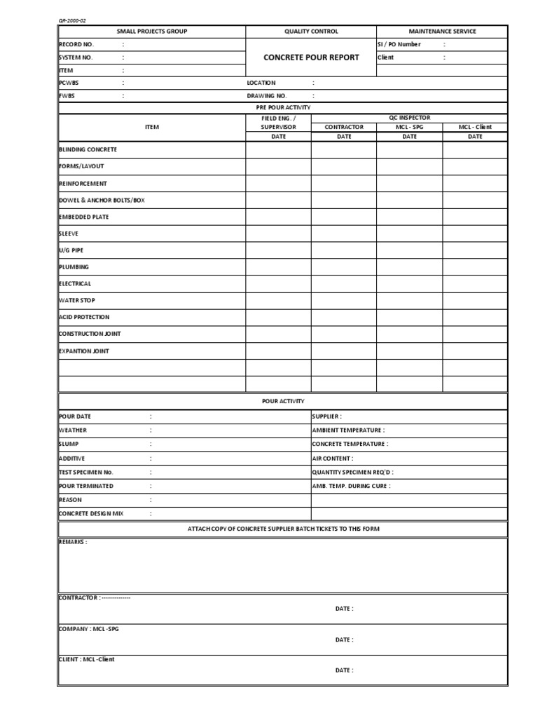 Qr-2000-02 - QC Concrete Pour Report Check List Form | PDF | Concrete ...