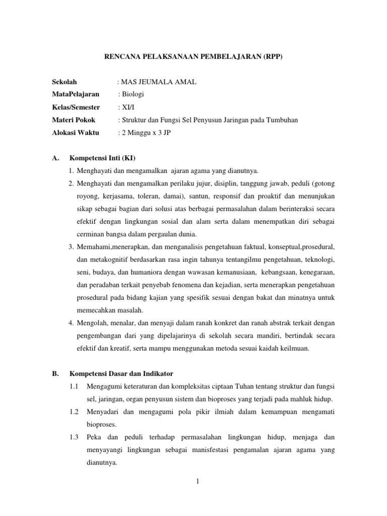 RPP Jaringan Tumbuhan | PDF | Pengembangan Diri | Sains & Matematika