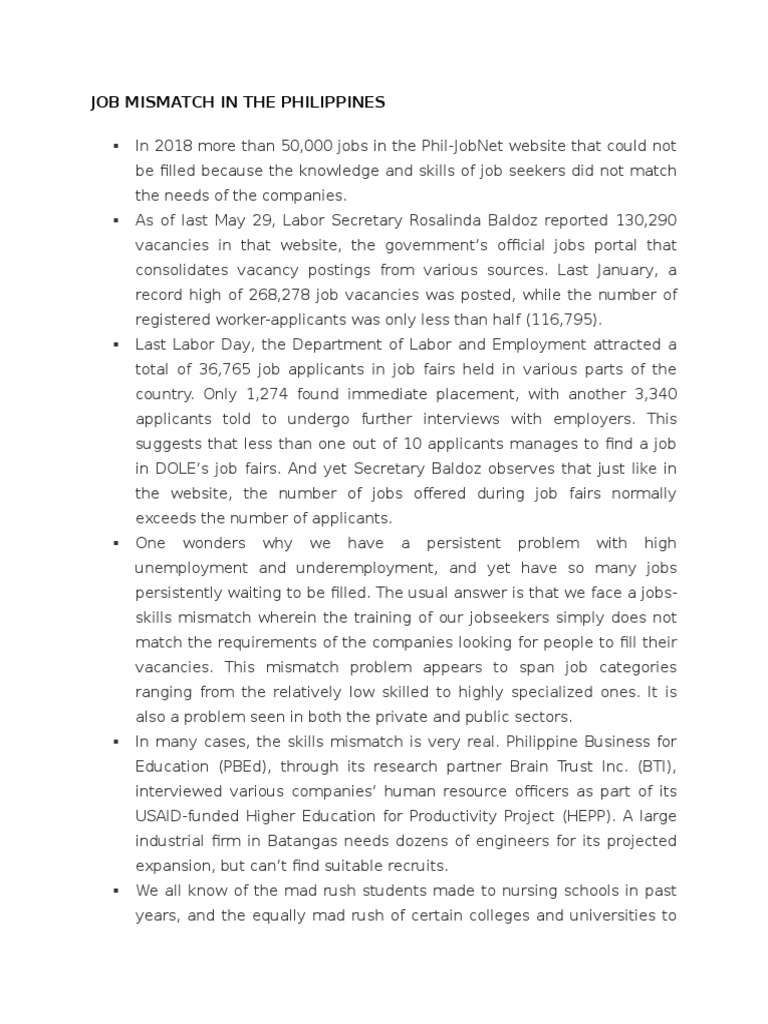 Job Mismatch in The Philippines | PDF | Employment | Nursing