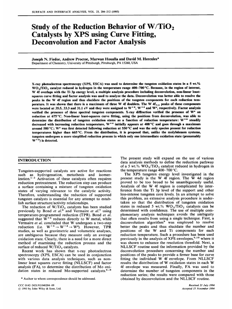 Of The Reduction Behavior of W/Ti02 Catalysts XPS Using Curve Fitting, Deconvolution and Factor ...