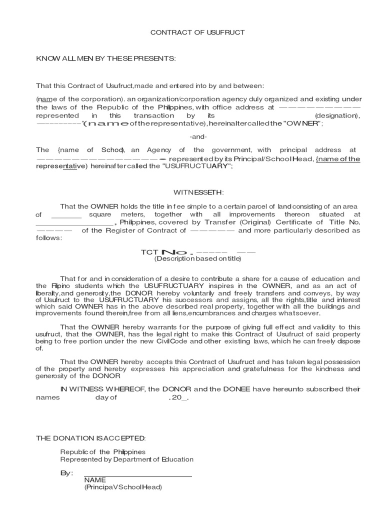 Sample Contract of Usufruct | PDF | Common Law | Ethical Principles