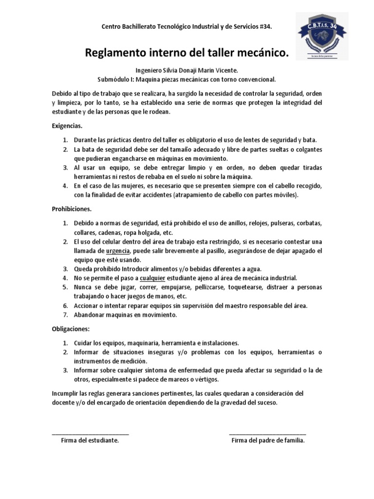 Reglamento Interno Del Taller Mecánico | PDF