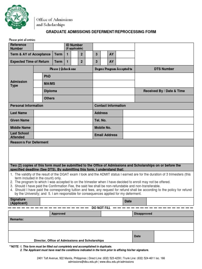 Graduate Admissions Deferment/Reprocessing Form: Please Print All ...