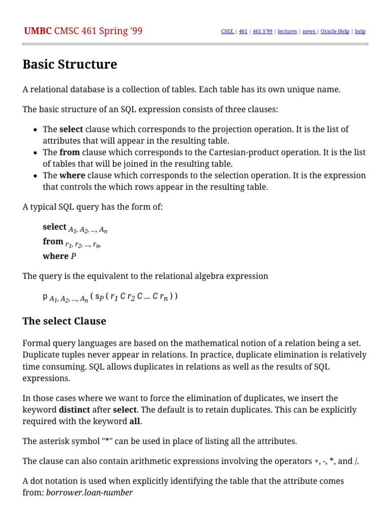 Basic Structure: UMBC CMSC 461 Spring '99 | PDF | Relational Database | Table (Database)