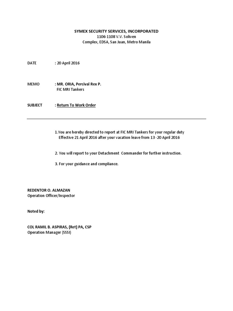 Return To Work Order