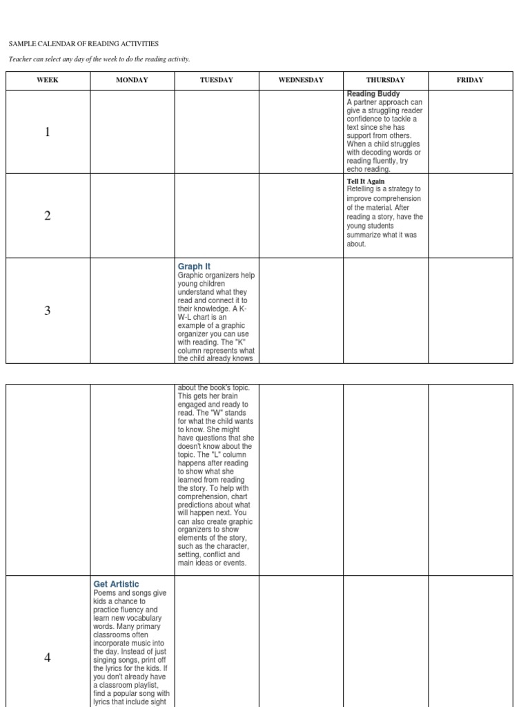 Reading Activities Calendar for Kids | PDF | Reading Comprehension ...