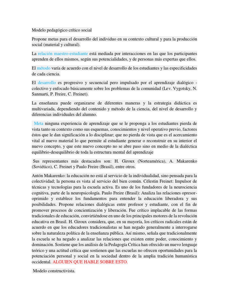 Modelo Pedagógico Crítico Social | PDF | Constructivismo (filosofía de ...