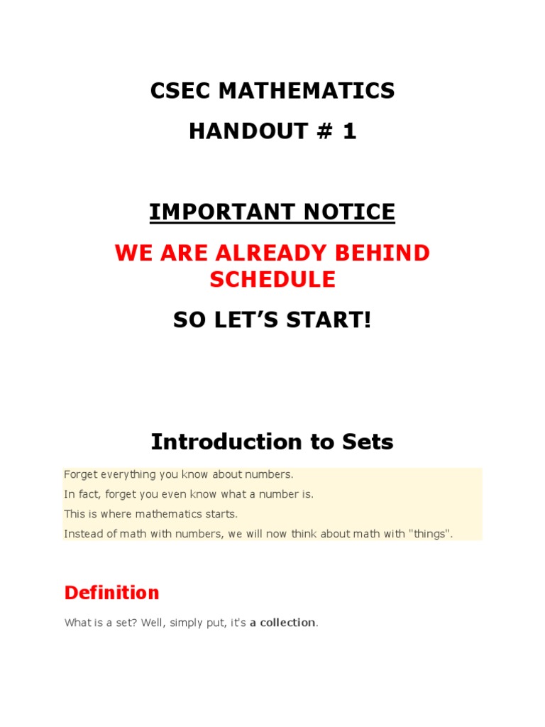 CSEC Math Lesson 1 To 2 - Introduction To Sets and Sub-Sets | PDF ...