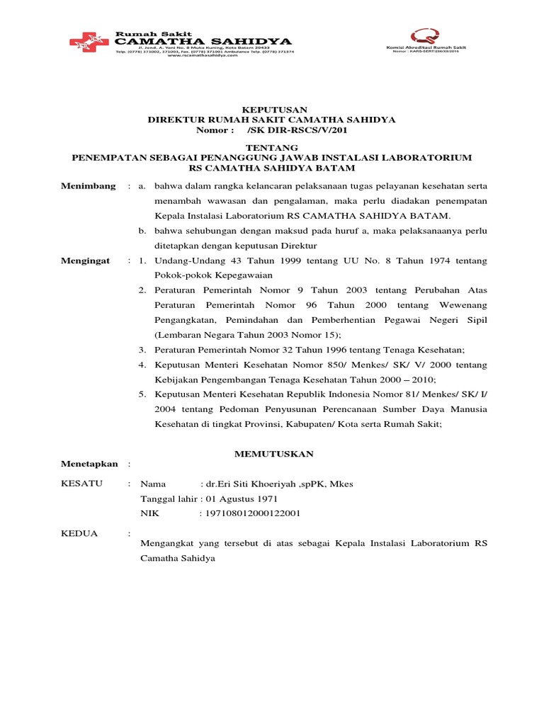 Penempatan Kepala Laboratorium RS Camatha | PDF