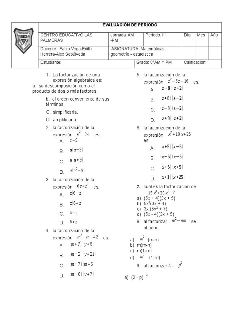 Examen Grado Octavo Matemática | PDF | Factorización | Triángulo