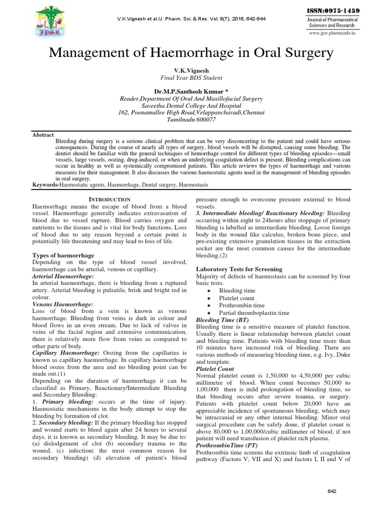 Management of Haemorrhage in Oral Surgery: V.K.Vignesh | PDF | Bleeding ...
