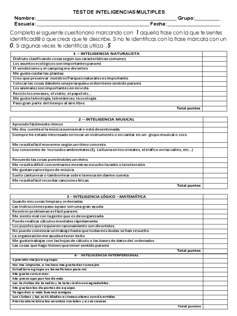 Test de Inteligencias Múltiples Secundaria | PDF | Inteligencia | Ritmo
