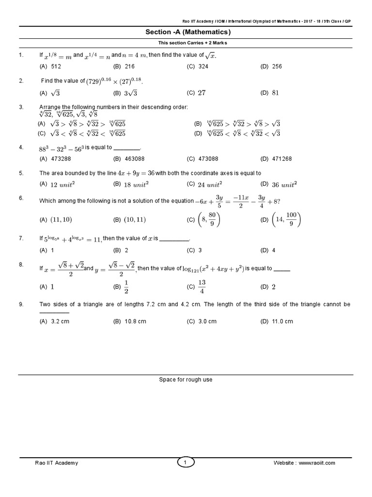 Class 9 Iom Question Paper | PDF | Volume | Area