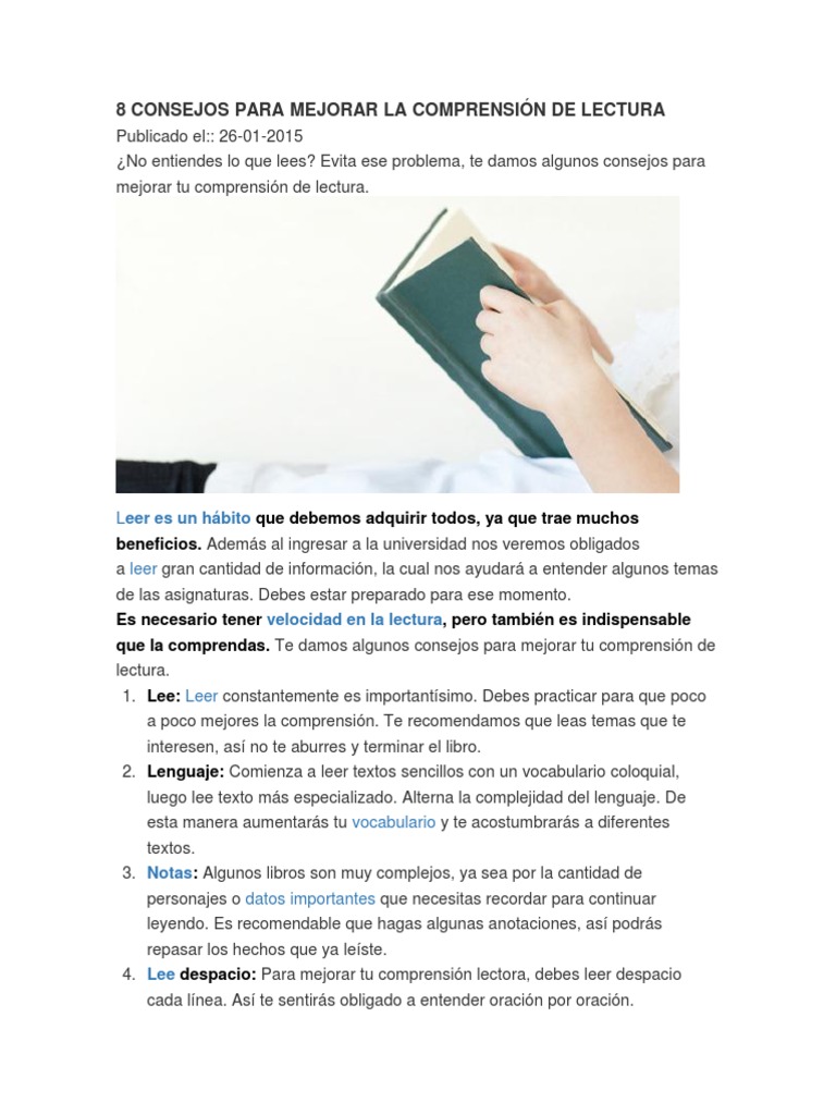 8 Consejos para Mejorar La Comprensión de Lectura | PDF | Comprensión ...