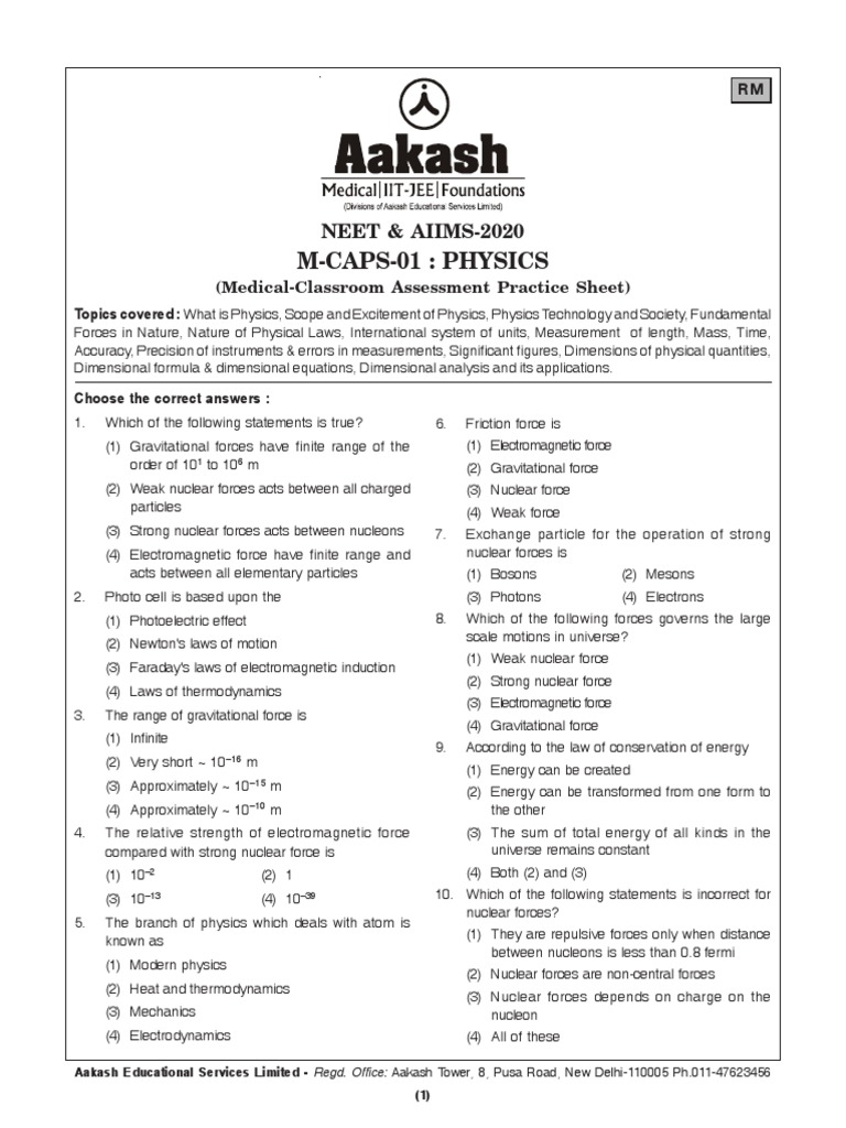 M-Caps Physics Aakash Institute | PDF | Nuclear Force | Force