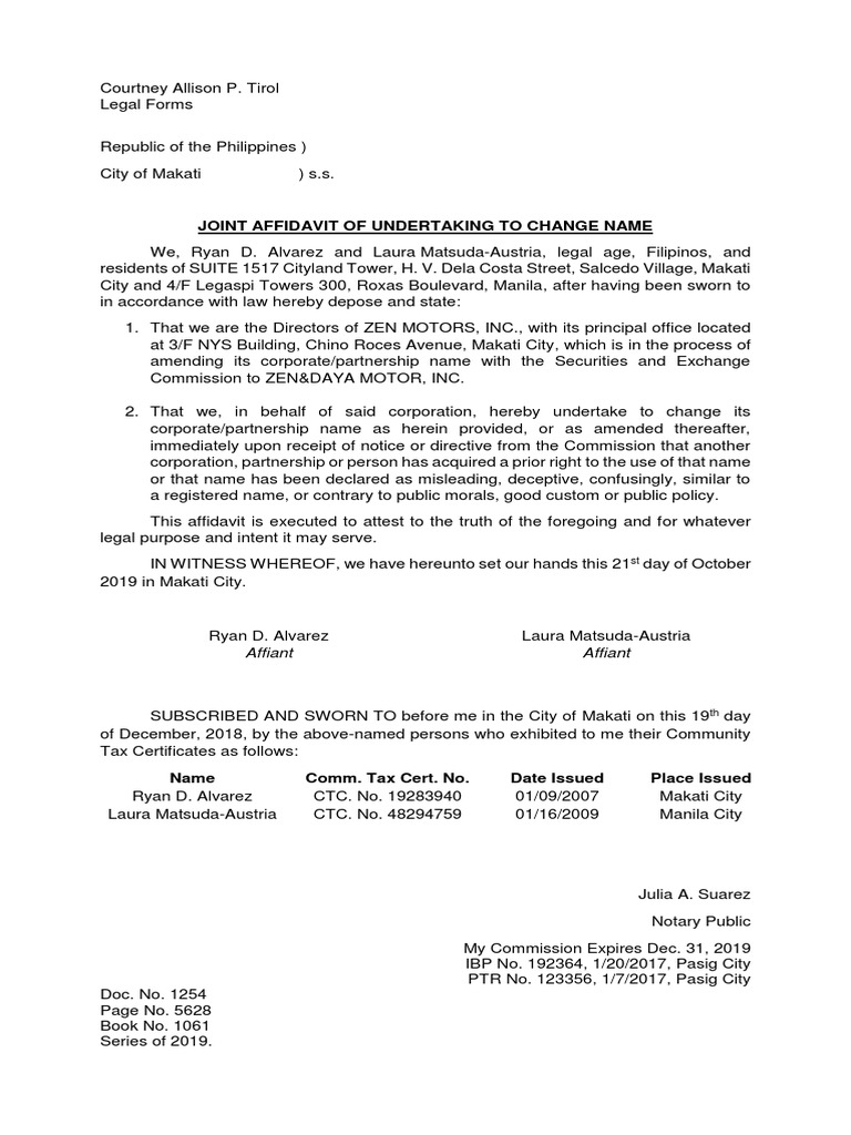 Joint Undertaking To Change Name | PDF | Makati | Affidavit