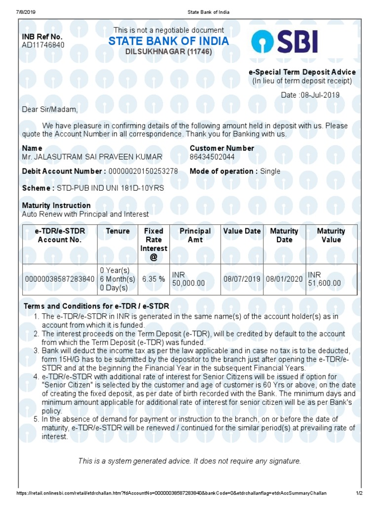 Recurring Deposit Slip