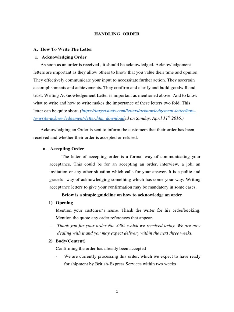 Handling Order: To-Write-Acknowledgement-Letter - Htm. Download | PDF ...