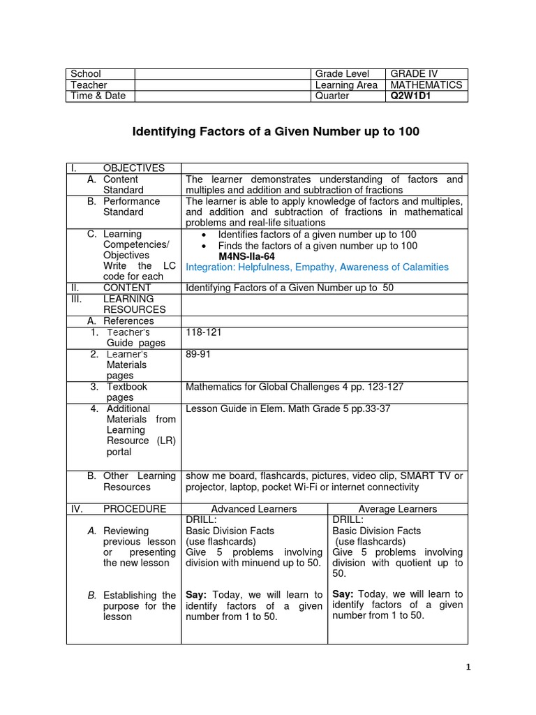 Factors of Numbers Up to 100 | PDF | Cupcake | Subtraction