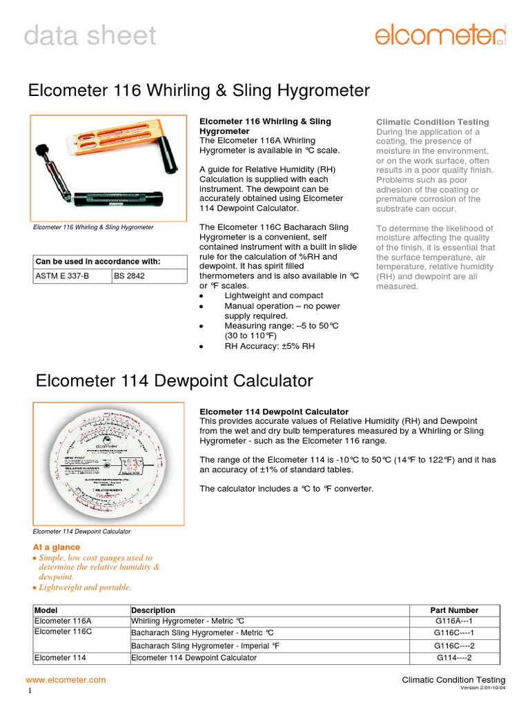 Elcometer 116 Sling Psychrometer Product Data Sheet | PDF | Relative ...