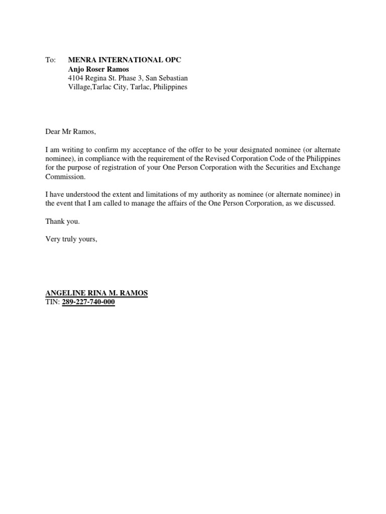 2019 - Sample Acceptance Letter of Nominees | PDF