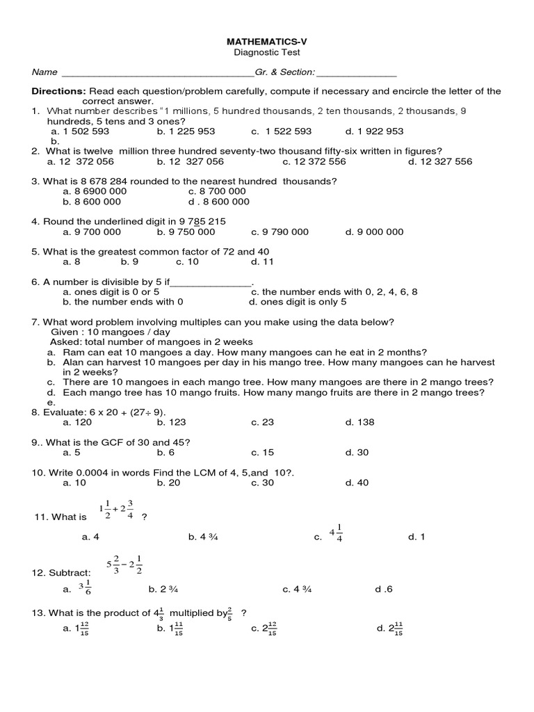 Directions: Read Each Question/problem Carefully, Compute If Necessary ...