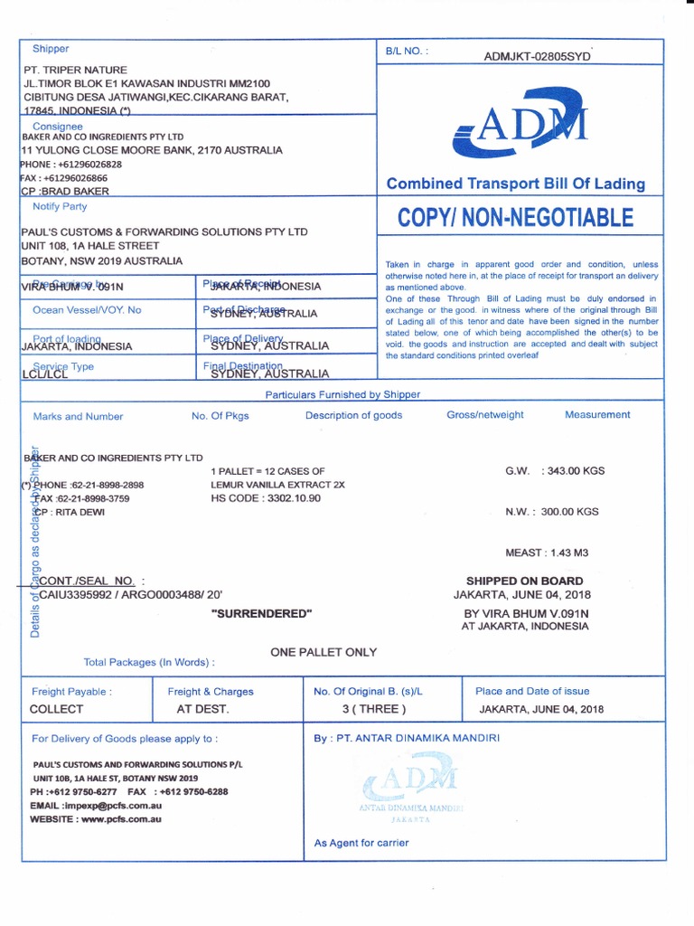 Copy/ Non - Negotiable: Combined Transport Bill of Lading | PDF ...